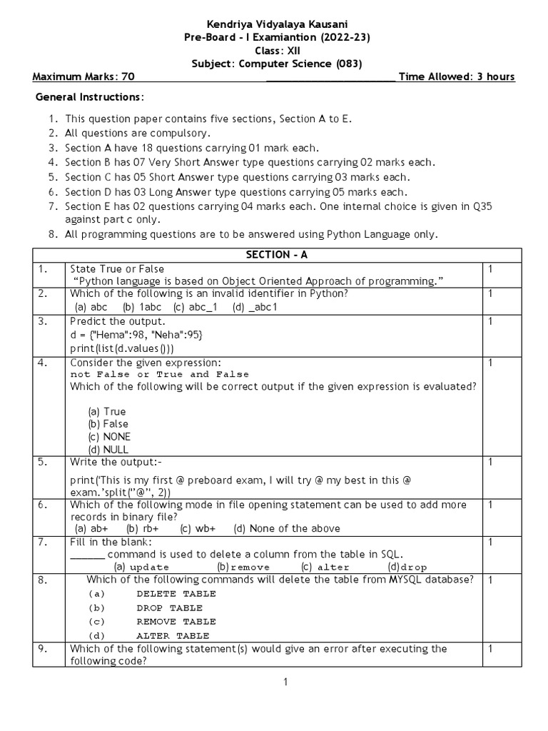 Pre-Board CS-Final | PDF | Computing | Data Management