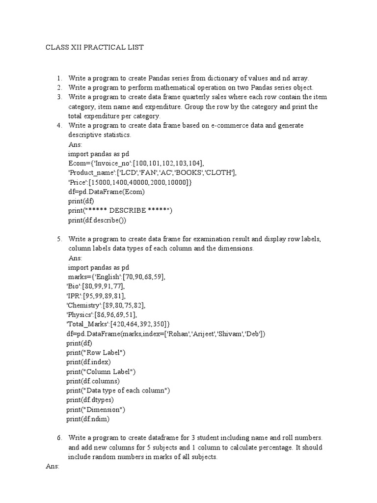 Informatics Practices Practical List22 2323 Pdf Sql Computing