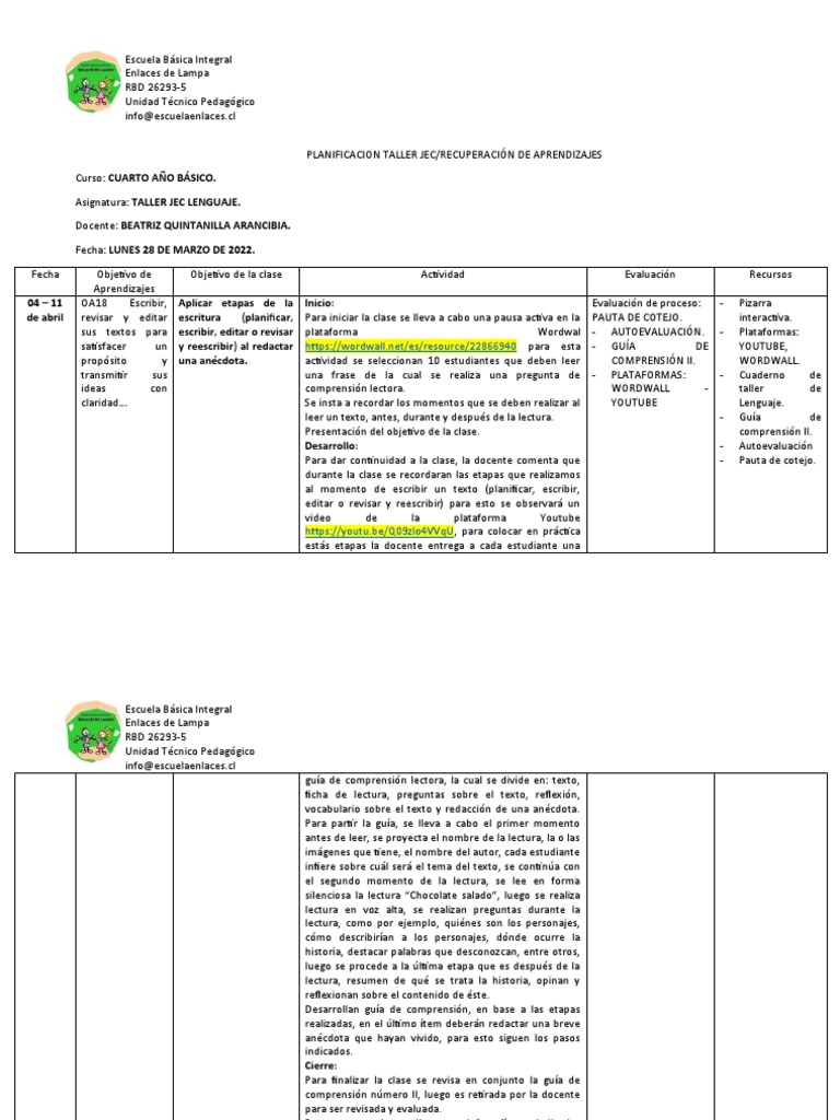 Taller JEC Lenguaje 4° Básico 2022 | PDF | Comprensión lectora | Aprendizaje