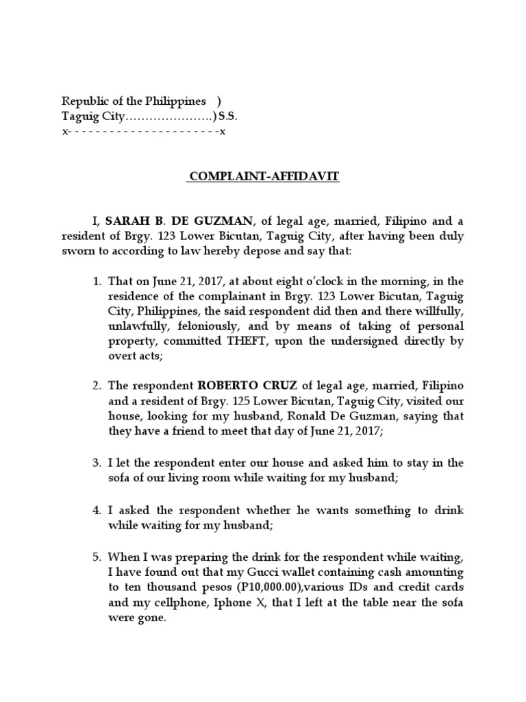 Theft Complaint Affidavit by Sarah De Guzman | PDF | Affidavit | Government