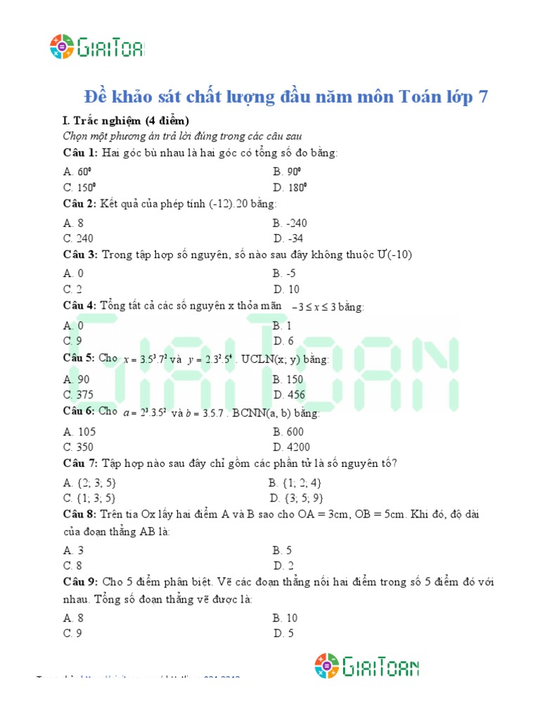 De Khao Sat Chat Luong Dau Nam Lop 7 | PDF