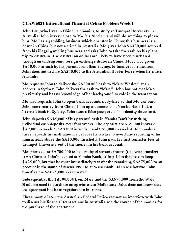 CLAW6031 International Financial Crime Problem Week 2, 2022 | PDF | Money Laundering | Banks