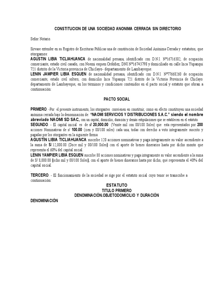 Constitución de Sociedad Anónima Cerrada | PDF | Dividendo | Sociedad ...