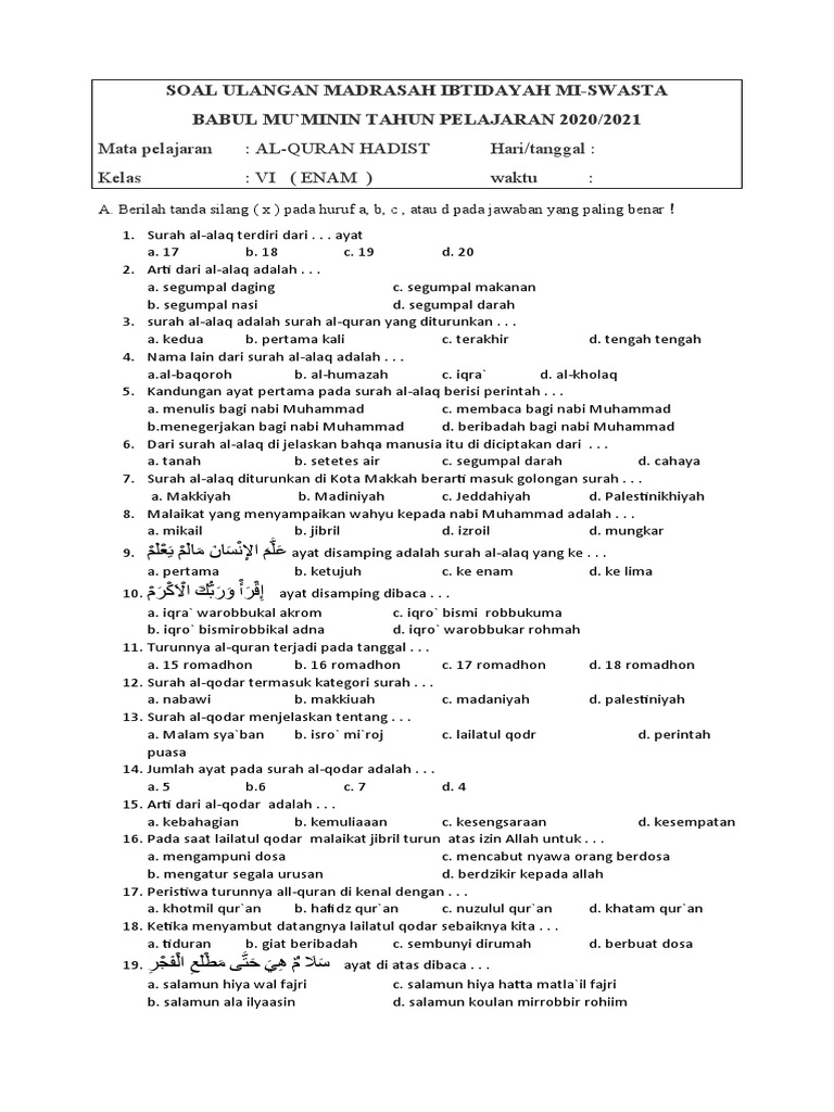 Soal Qurdis Kelas 6 Baru 22 | PDF