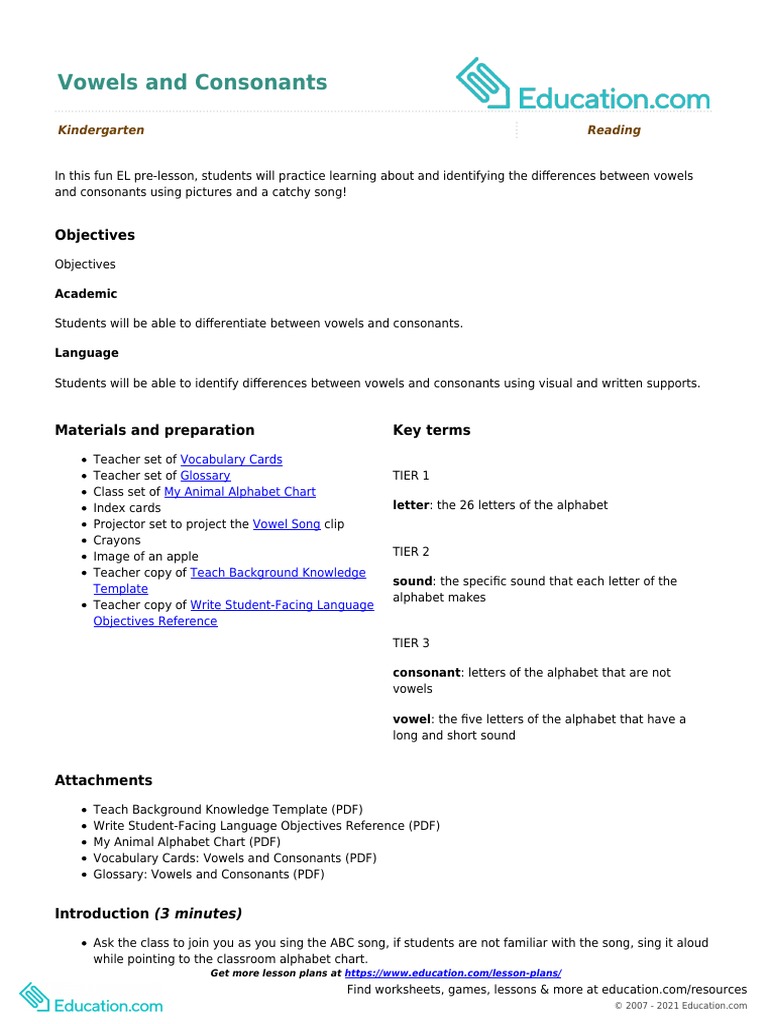 Vowels and Consonants: Objectives | PDF | Lesson Plan | Adjective
