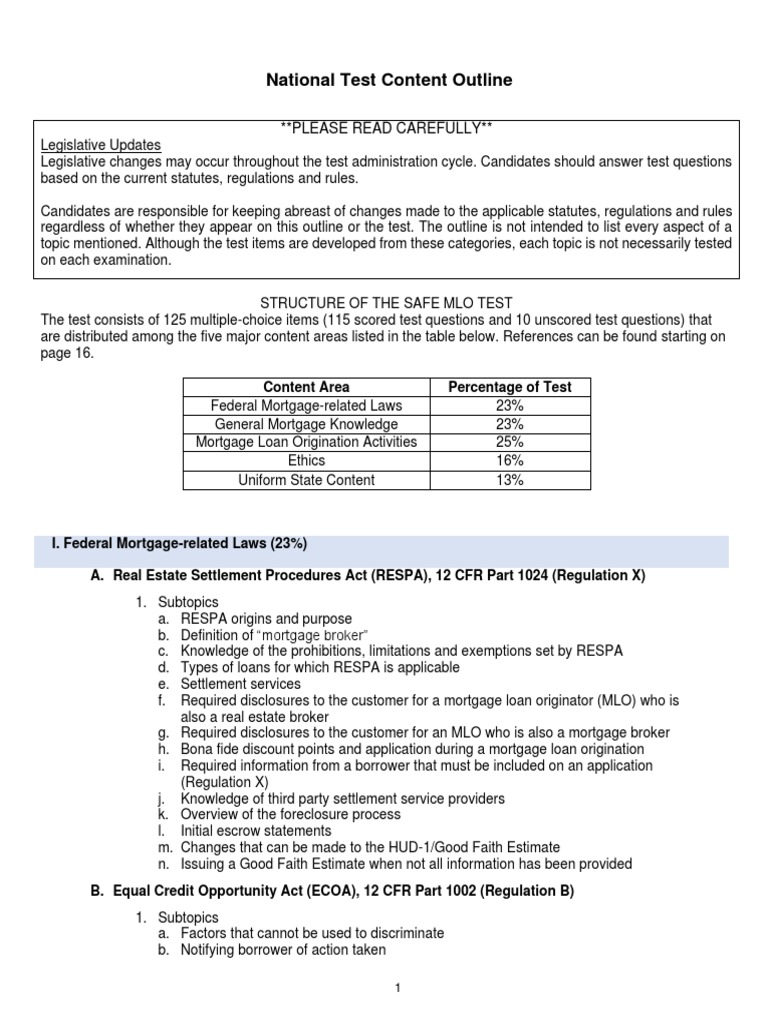 National MLO Test Content Outline | PDF | Mortgage Loan | Truth In ...