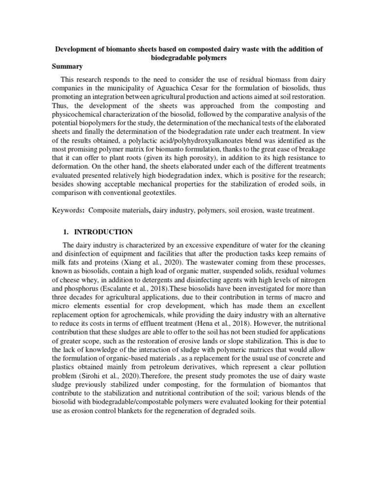 Development of Biomanto Sheets Based On Composted Dairy Waste With The ...