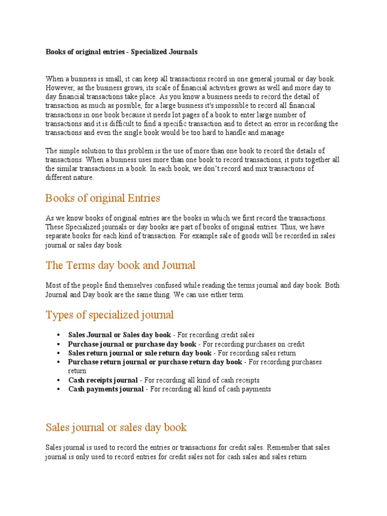 Books of Original Entries-Notes | PDF | Debits And Credits | Money