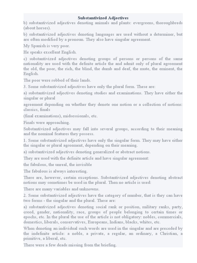 Substantivized Adjectives | PDF | Adjective | Grammatical Number