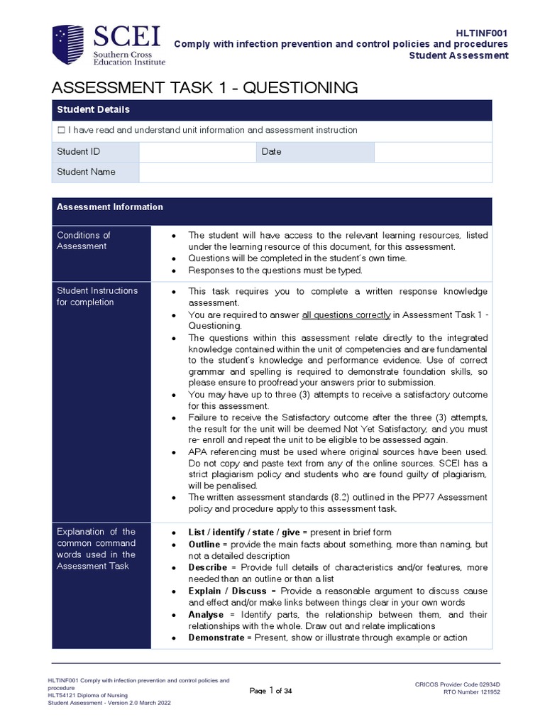 HLTINF001 Student Assessment Task 1 - Questioning | PDF | Infection | Hand Washing
