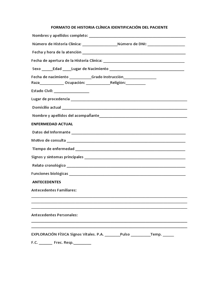 Formato de Historia Clínica Identificación Del Paciente | PDF ...