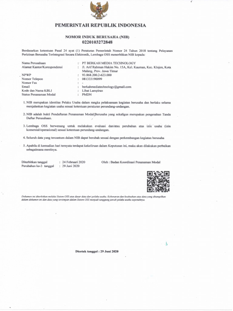 Nomor Induk Berusaha (Nib) | PDF