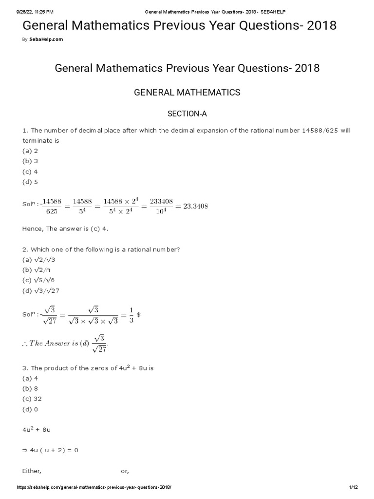 2018 General Mathematics Questions | PDF | Triangle | Numbers