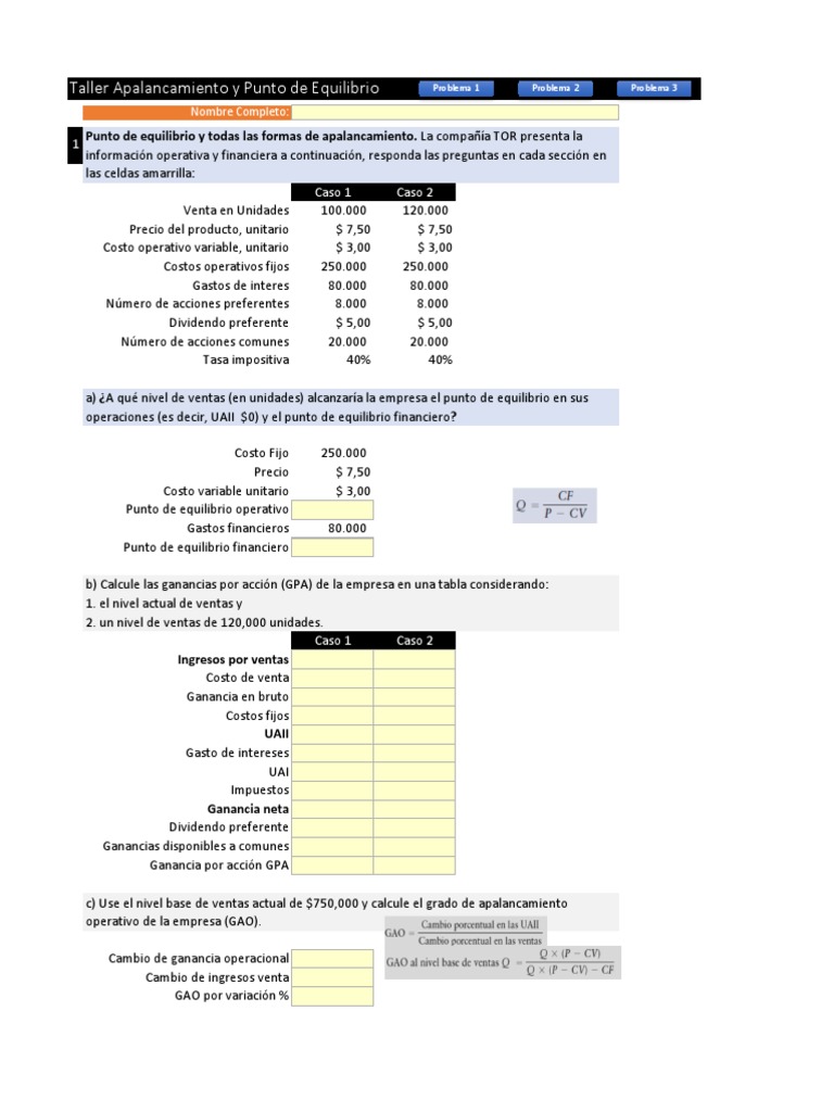 Taller 2 - Apalancamiento y Punto de Equilibrio | PDF | Apalancamiento ...