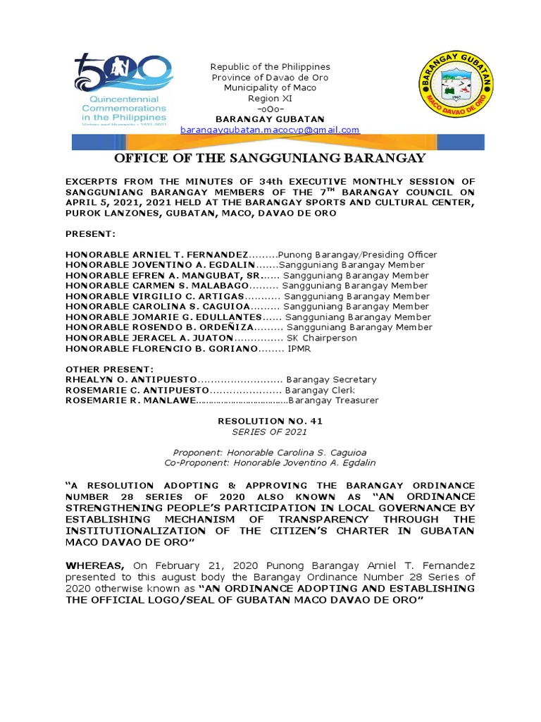 Resolution Number 41 Approving Citizens Charter | PDF | Government ...