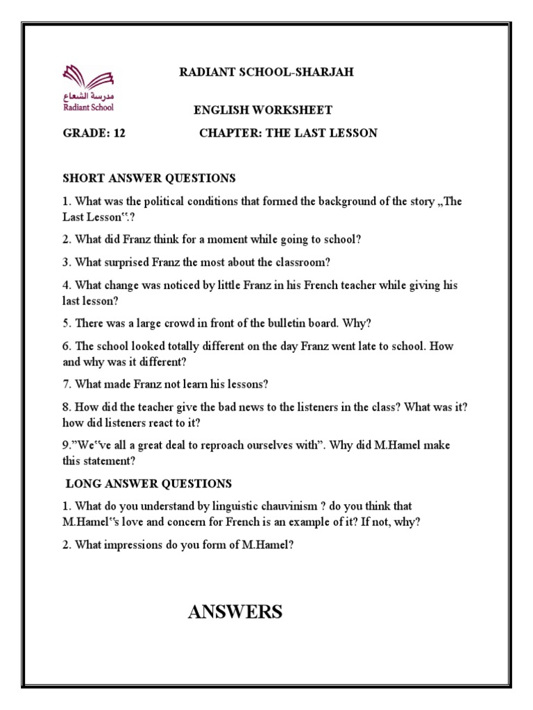 GR 12 English Worksheet The Last Lesson | PDF