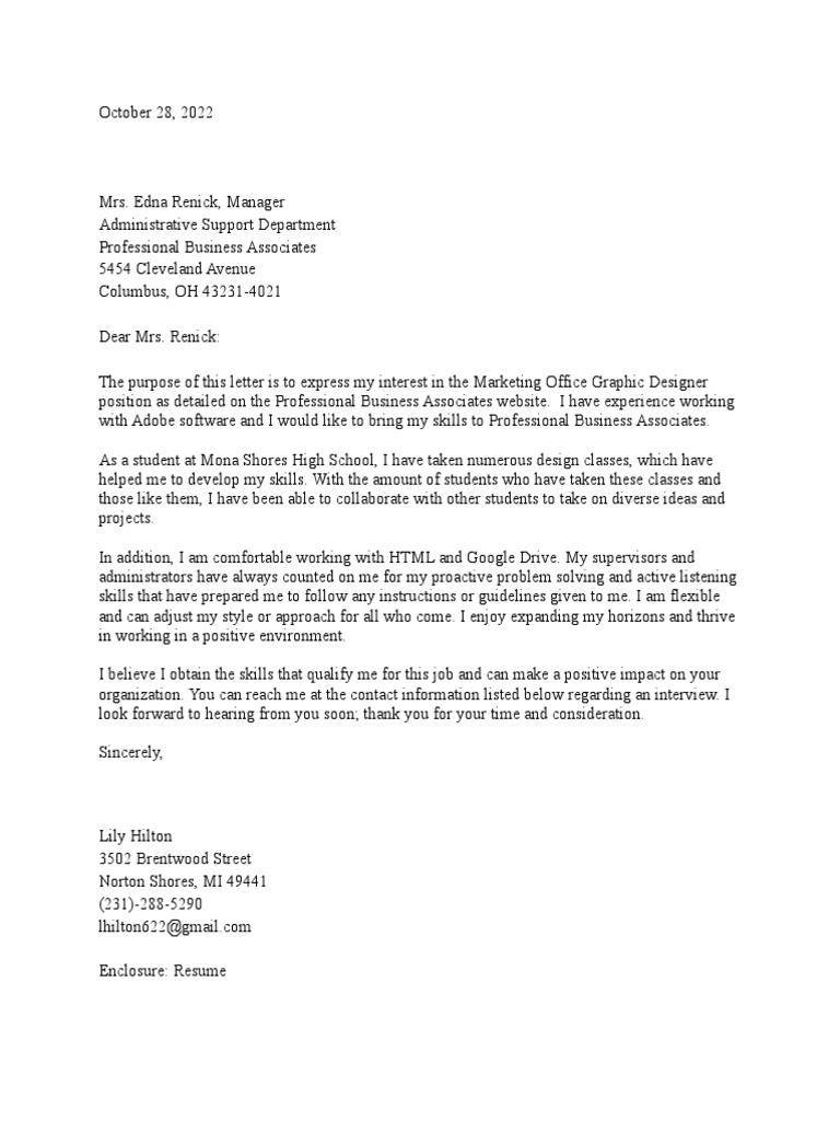 Lily Hilton - Cover Letter | PDF