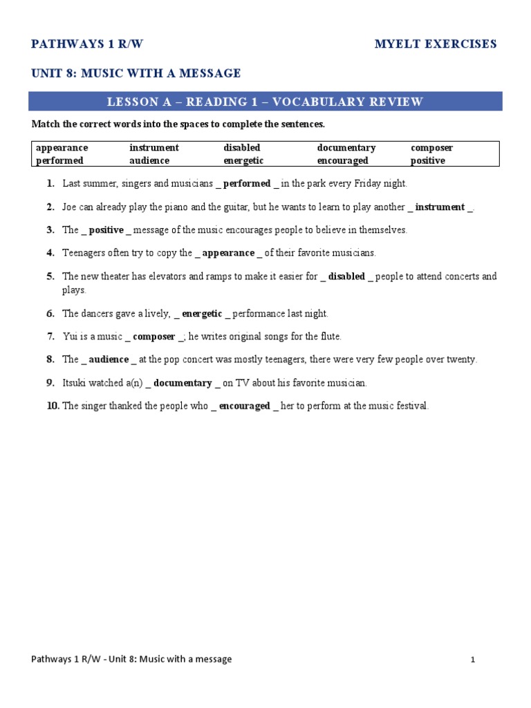 MyELT - PW1 - U8 - RW - Lesson A - Reading 1 | PDF | Vocabulary | Cognition