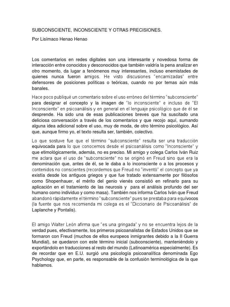 Subconsciente vs. Inconsciente: Aclaraciones | PDF | Mente inconsciente ...
