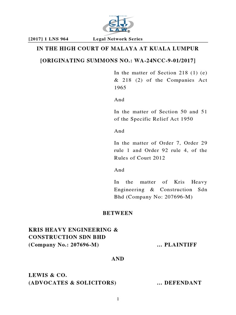 Kris Heavy Engineering And Construction Sdn Bhd V Lewis And Co 2017 1