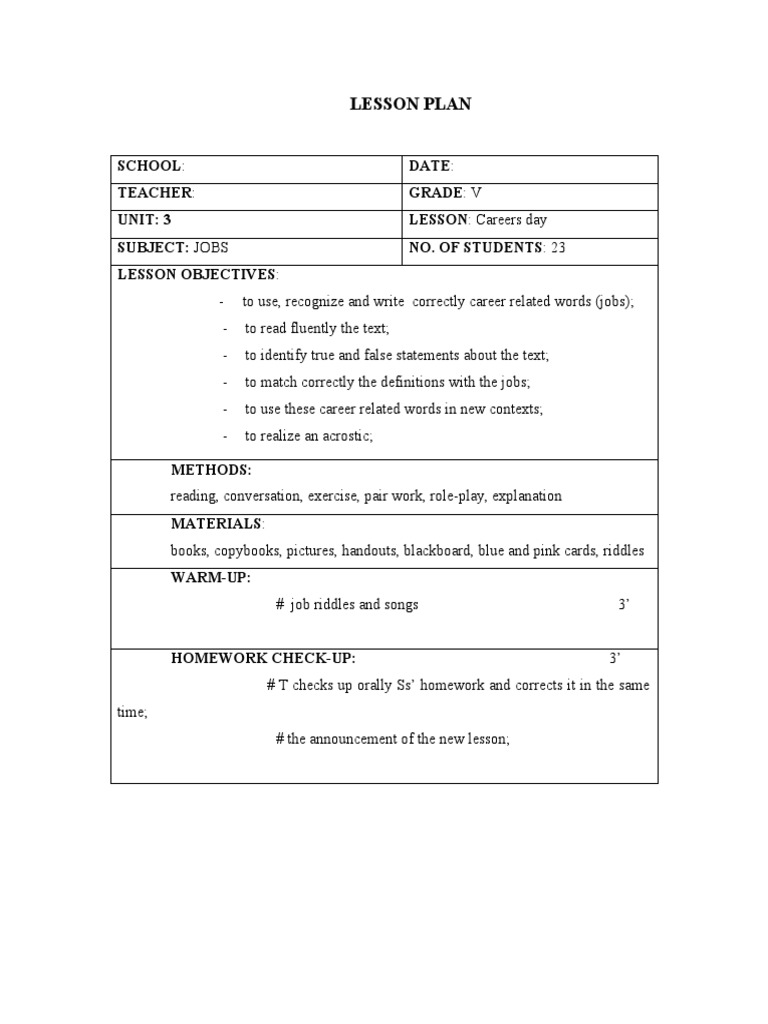 Lesson Plan 5 Jobs | Download Free PDF | Lesson Plan