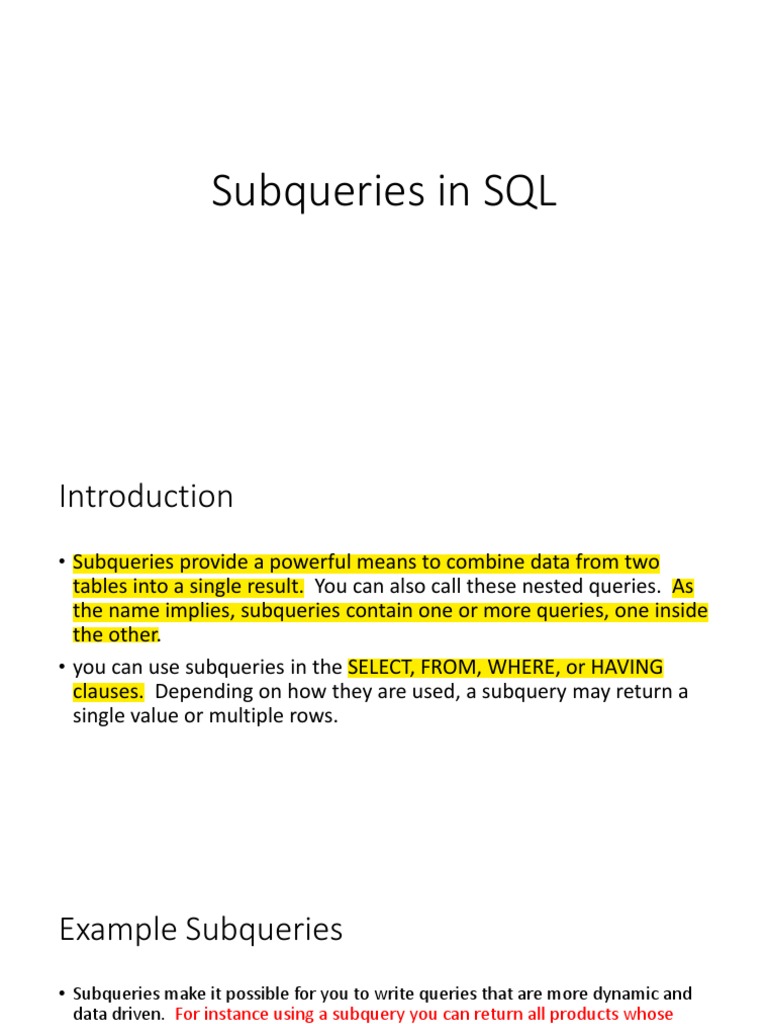 Subqueries in SQL | PDF | Data | Computer Science Subqueries in SQL | PDF | Data | Computer Science