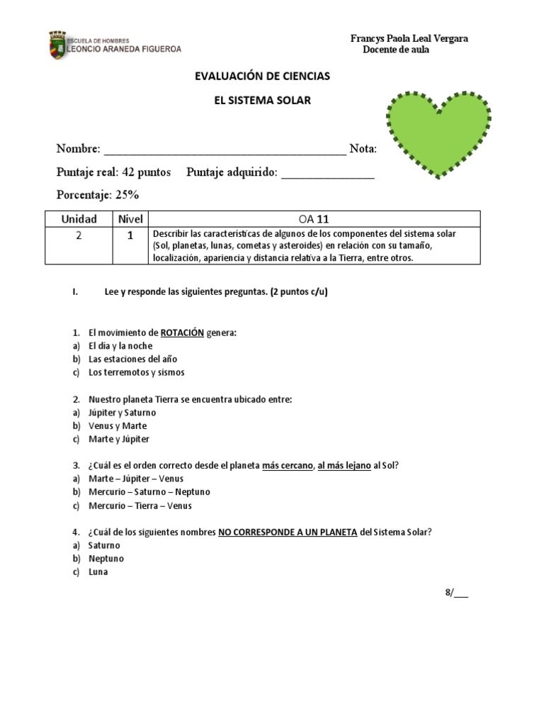 Prueba El Sistema Solar | PDF | Sistema solar | Planetas