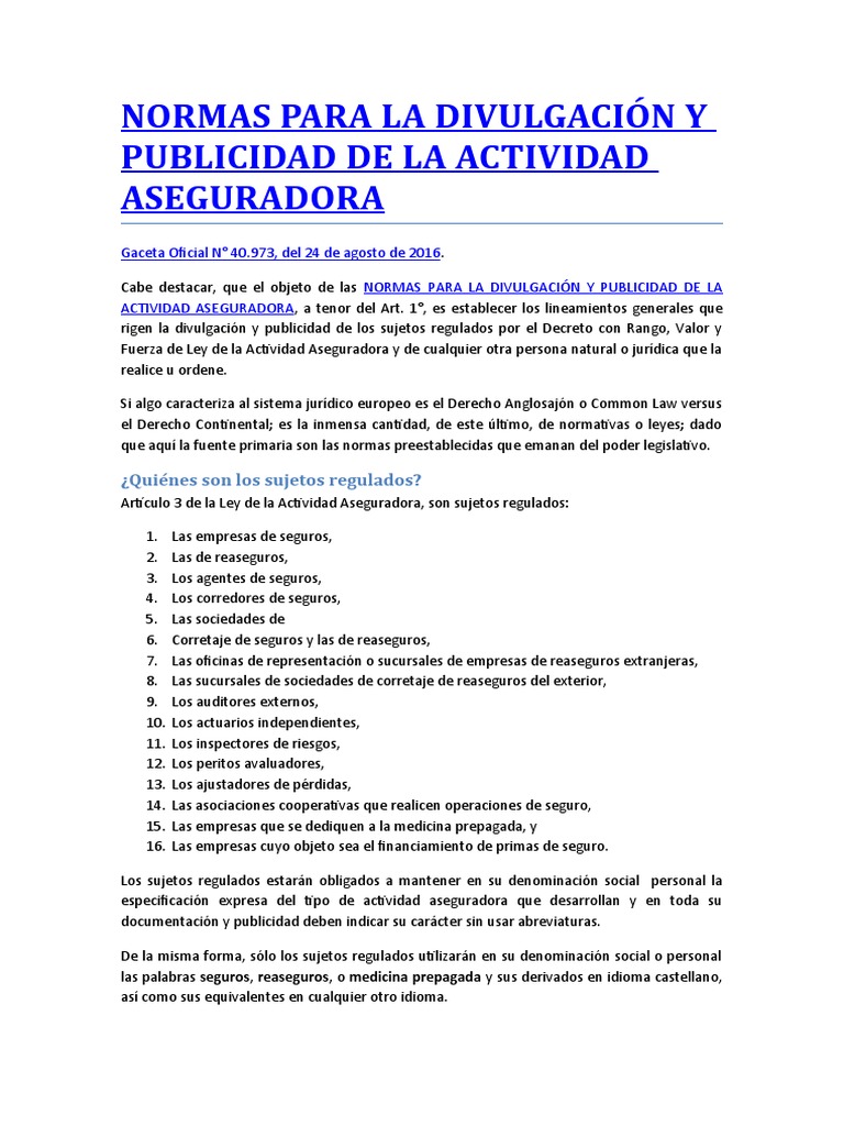 Normas para La Divulgación y Publicidad de La Actividad Aseguradora | PDF | Reaseguro | Seguro