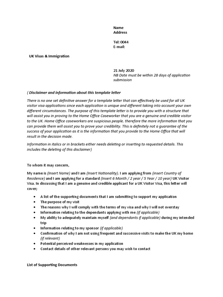 Detailed UK Visitor Visa Template Letter | PDF | Travel Visa | Salary