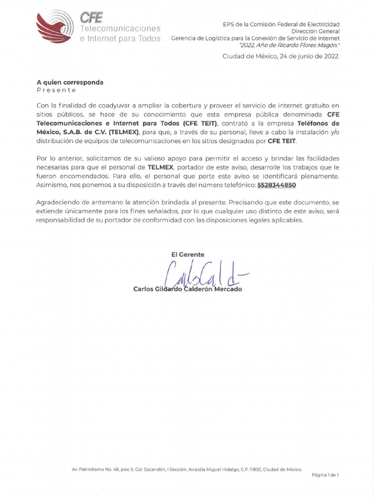 Oficio Cfe-Telmex | PDF