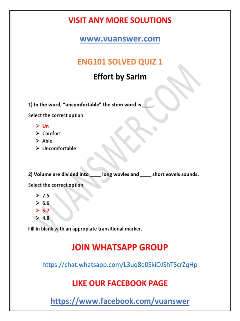 Eng101 Quiz 1 Solved by Sarim | PDF | Consonant | Language Families Eng101 Quiz 1 Solved by Sarim | PDF | Consonant | Language Families