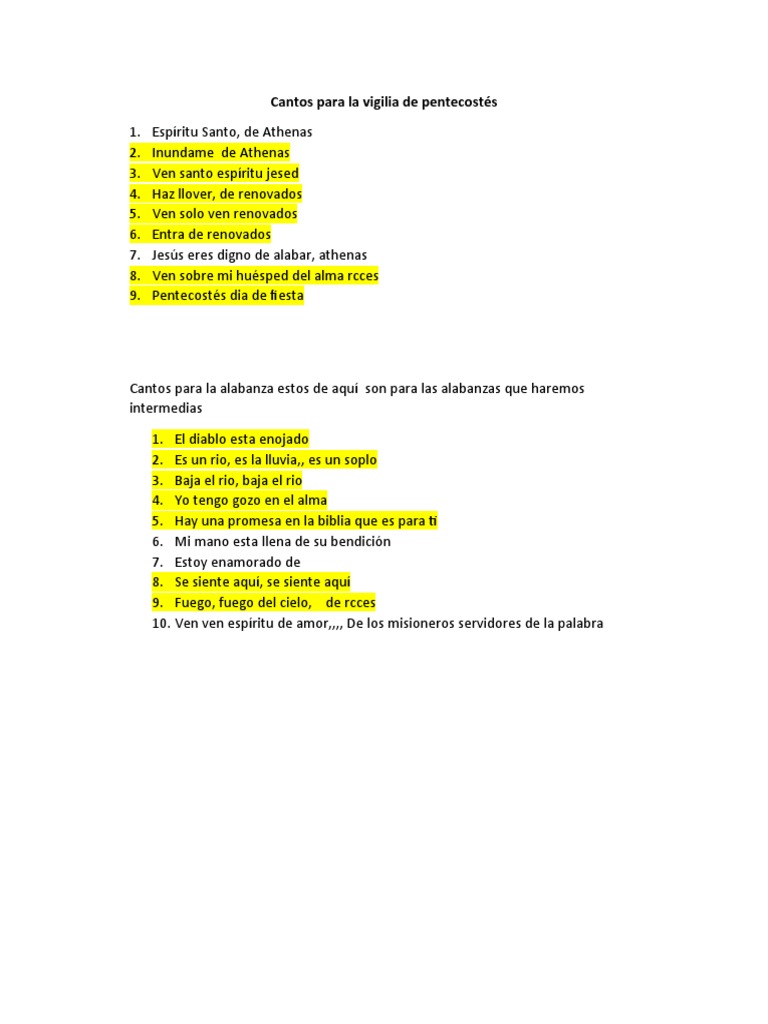 Cantos Para La Vigilia De Pentecostés Pdf