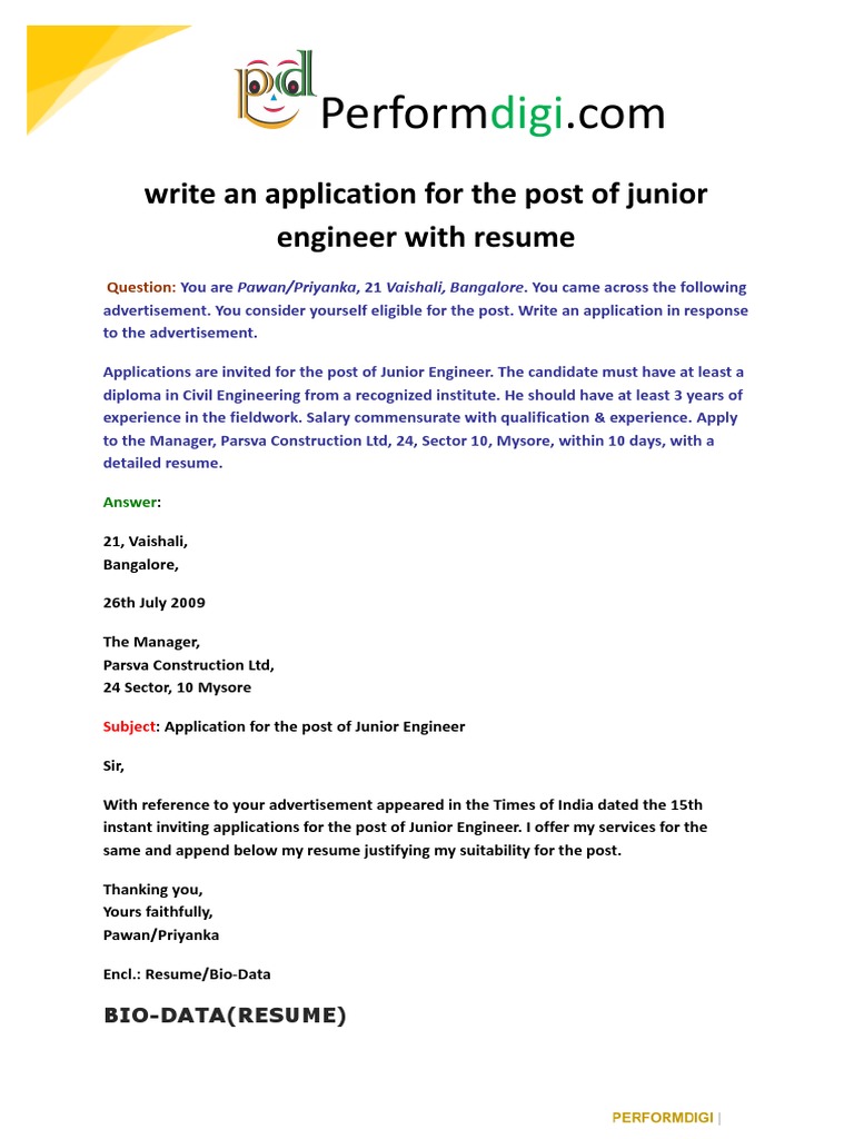 Application for Junior Engineer Post | PDF