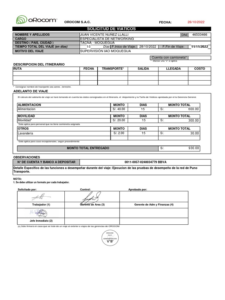Formato de Solicitud de Viaticos - Juan Nuñez Con VoBo | PDF