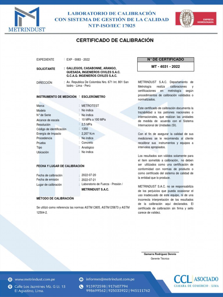 Certificado de Calibracion ESCLERÓMETRO | PDF | Calibración | Metrología