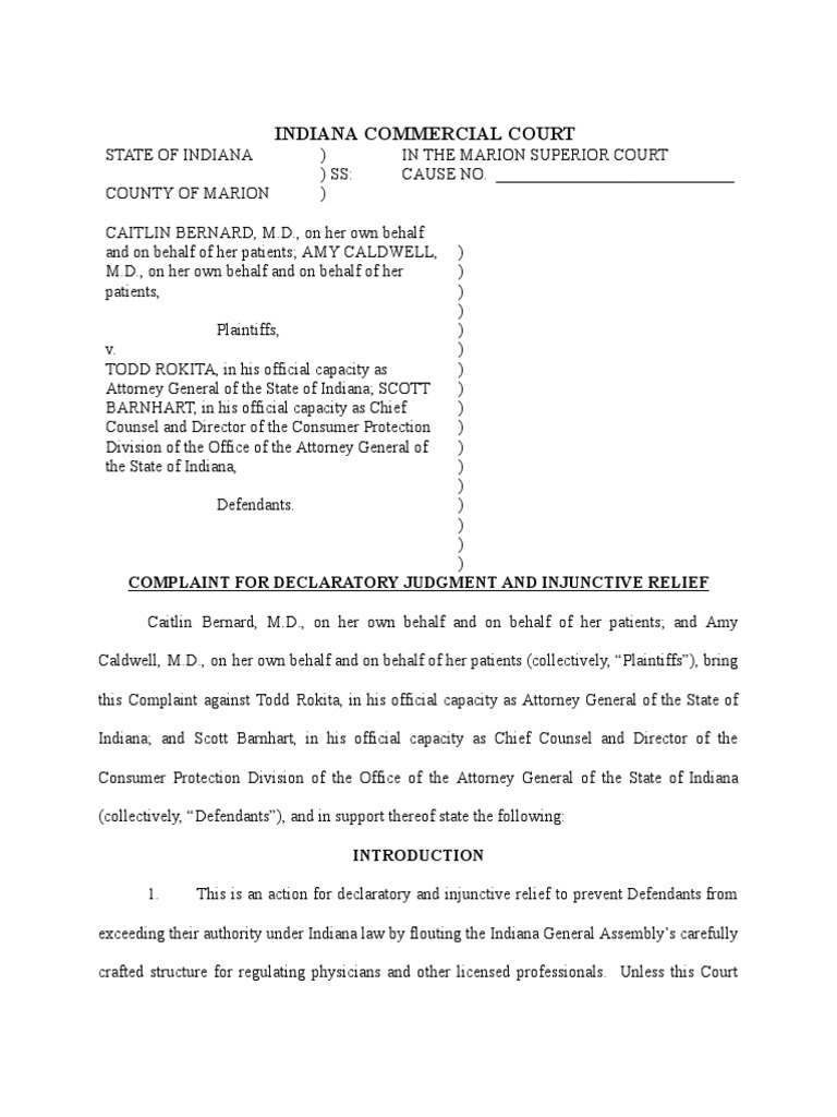 Indiana Physicians vs. AG Authority | PDF | Injunction | Complaint