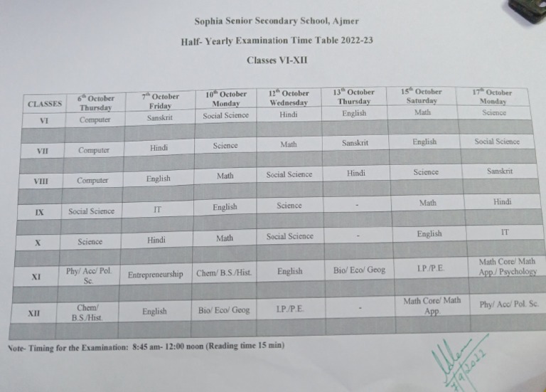 Half - Yearly Examination Time Table | PDF | Science