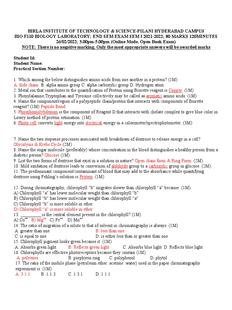 BIO F110 Biology Lab End Sem QP Answer Key - 26022022 | PDF | Glucose | Chlorophyll