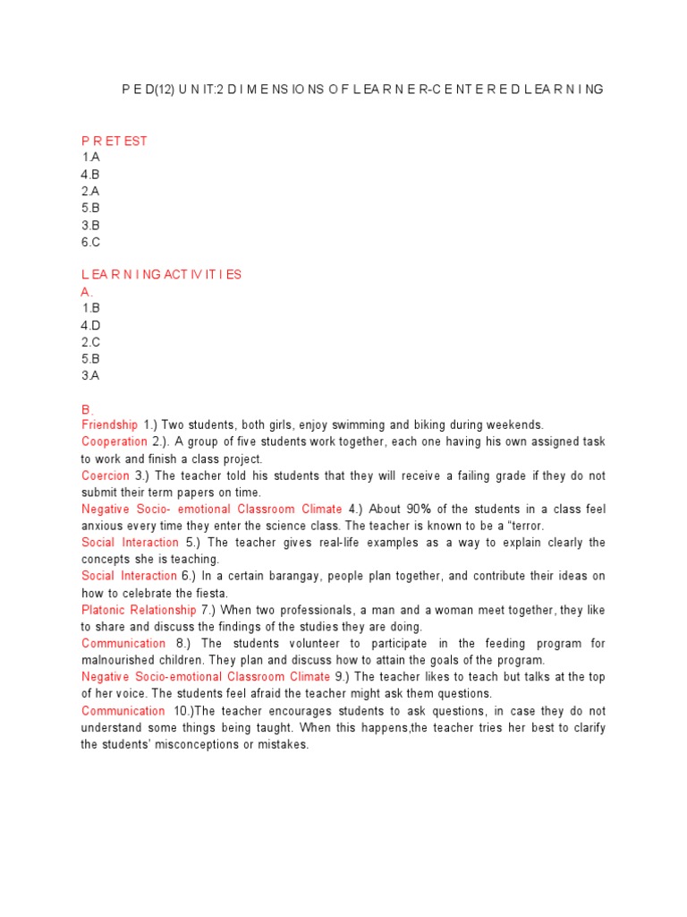 PED - Unit 2 DIMENSIONS OF LEARNER-CENTERED LEARNING | PDF | Teachers | Educational Stages