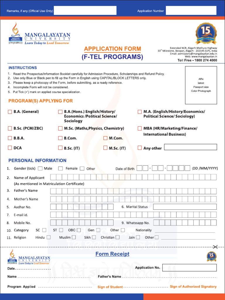 F Tel Admission Application Form Mangalayatan University | PDF