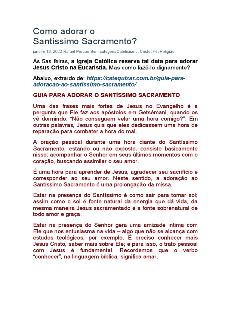 Guia para Adorar o Santíssimo Sacramento | PDF | Eucaristia | Oração