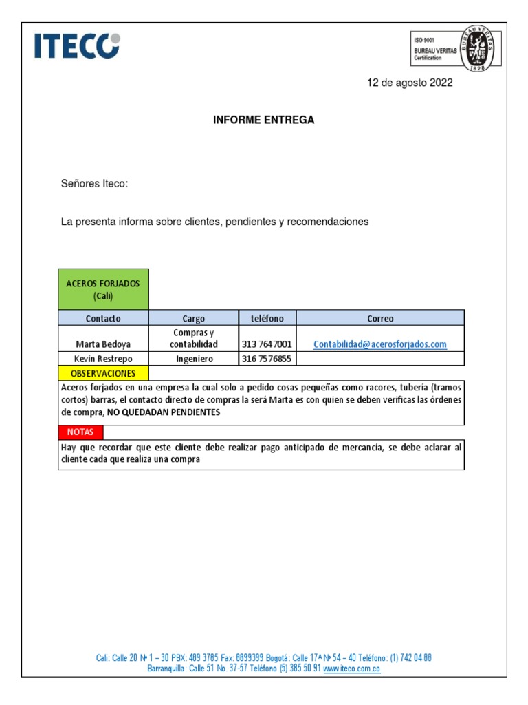 Informe Entrega ITECO | PDF | Fax | Bienes manufacturados