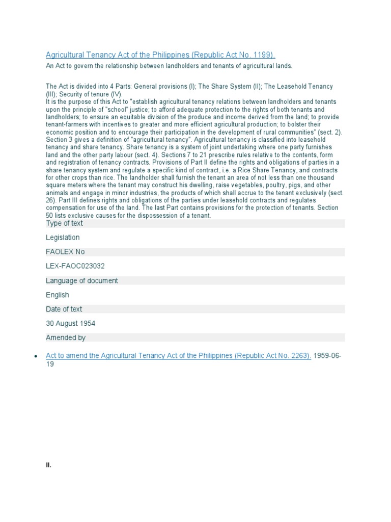 Agricultural Tenancy Act of 1954 | PDF | Leasehold Estate | Lease