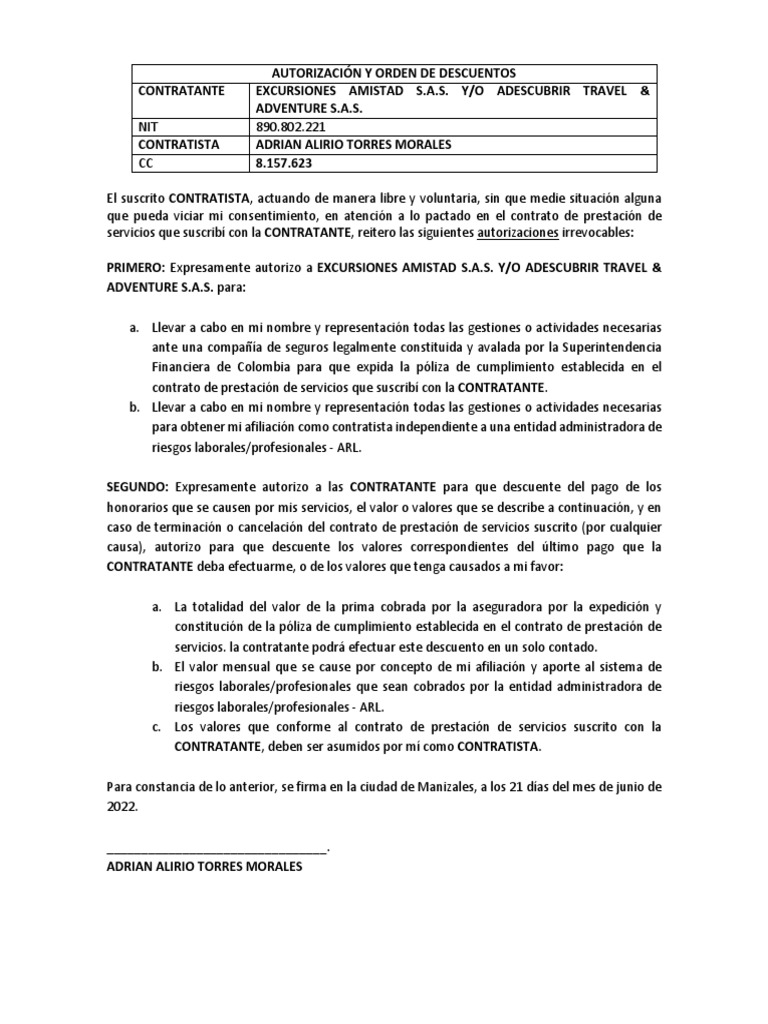 Formato Autorizacion de Descuentos | PDF | Póliza de seguros | Derecho empresarial
