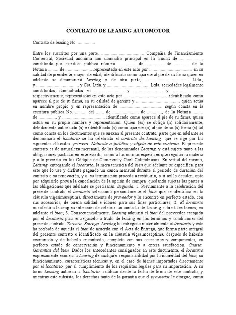 Contrato de Leasing Automotor | PDF | Póliza de seguros | Arrendamiento