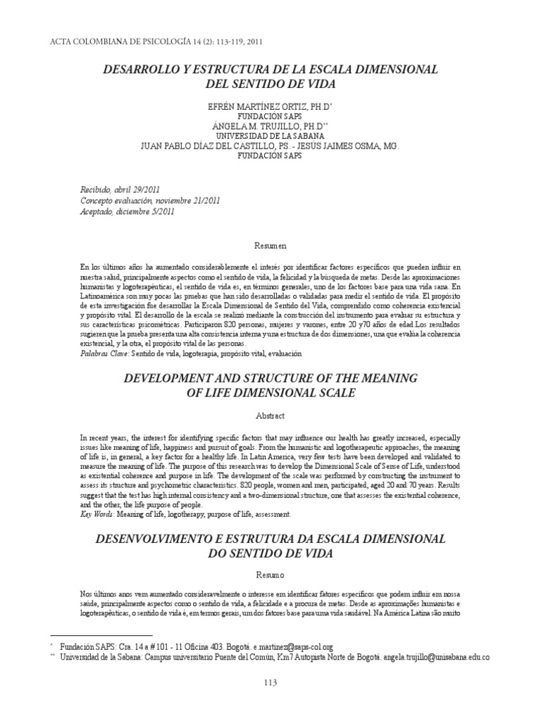 Desarrollo y Estructura de La Escala Dimensional Del Sentido de Vida ...