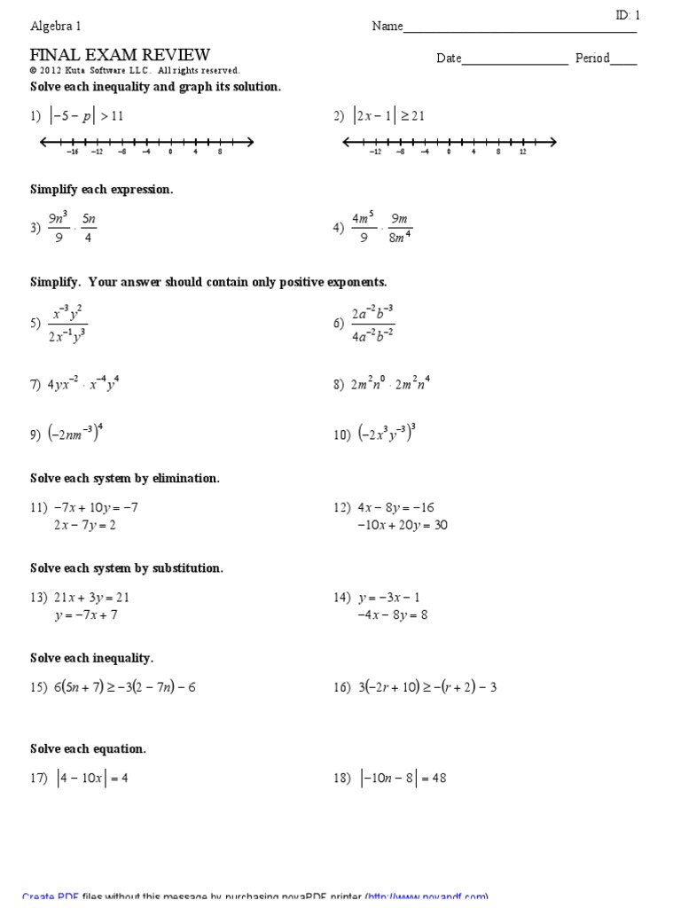 Algebra 1 FINAL EXAM REVIEW 2 | PDF | Inequality (Mathematics ...