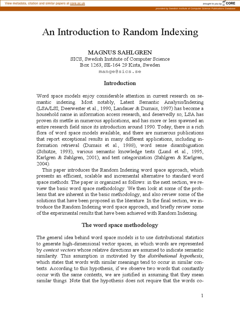 An Introduction To Random Indexing: Magnus Sahlgren | PDF | Cognitive Science | Information Science