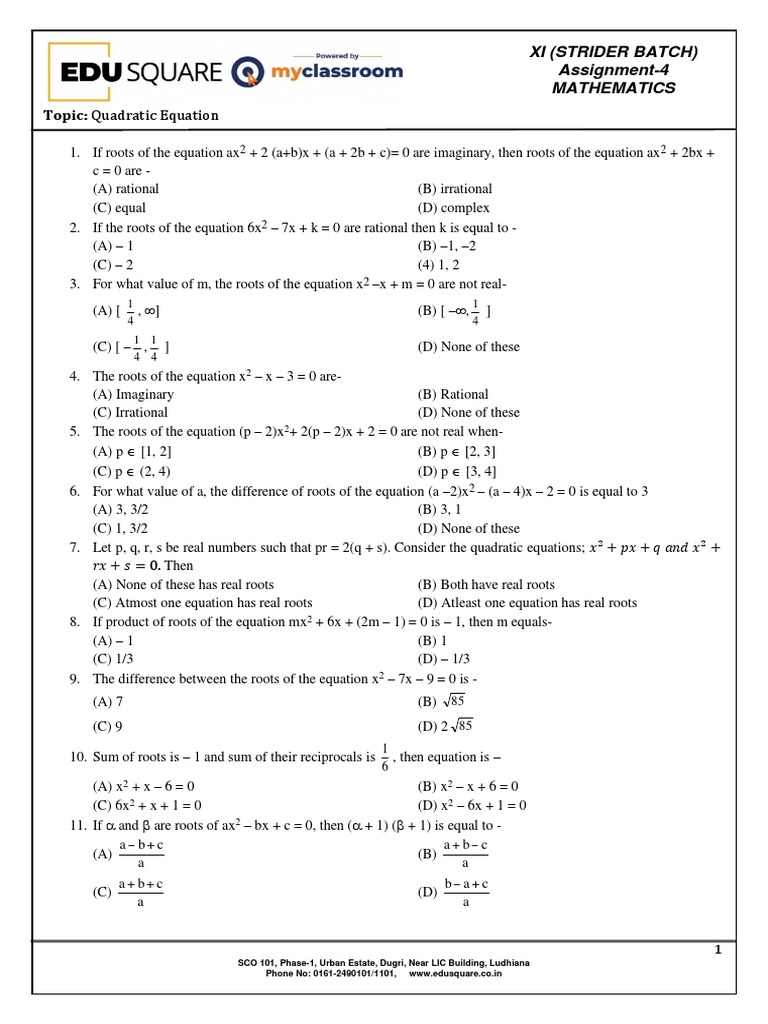 10+1 - Assignment-4 - Quadratic Equation - Maths | PDF