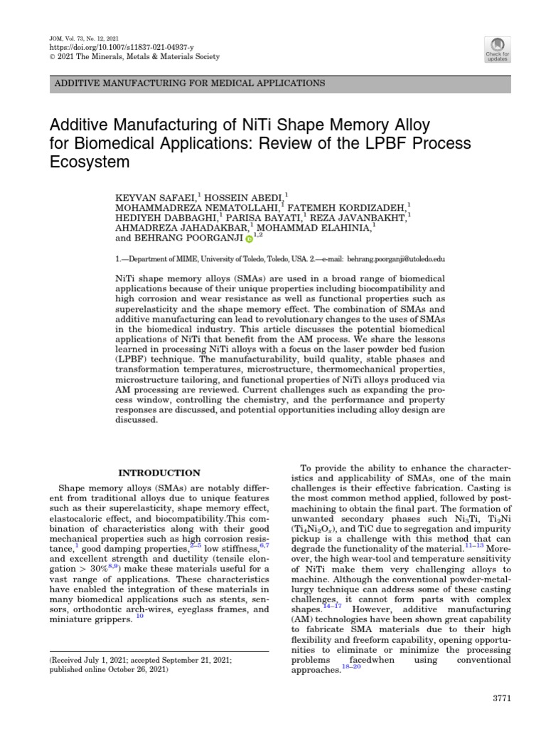 Additive Manufacturing of NiTi Shape Memory Alloy | PDF | Shape Memory ...